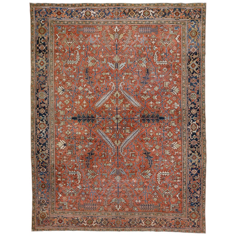 Antique Persian Heriz Handmade Geometric Allover Wool Rug With Orange ...