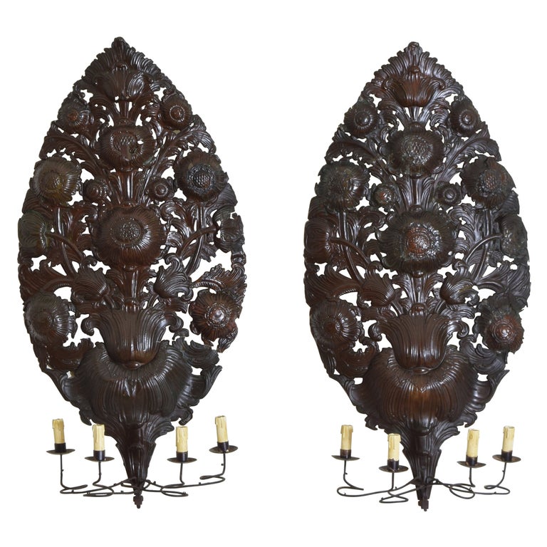 Pair Italian Baroque Large Copper and Iron 4-Light Wall Sconces, 17th ...