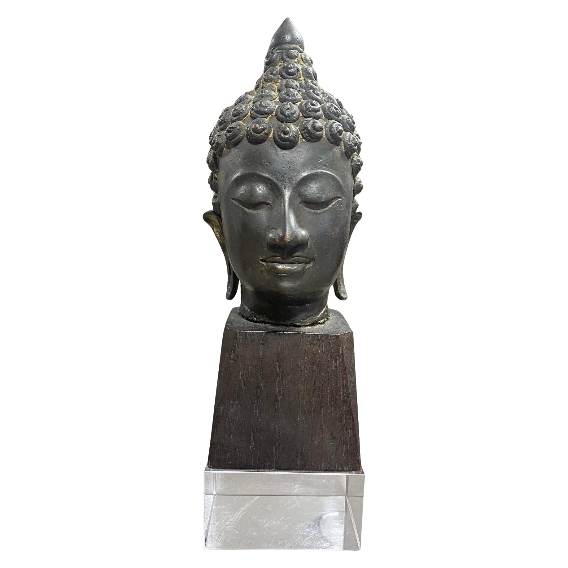 Bronze Buddha Head on Display Stand at 1stDibs