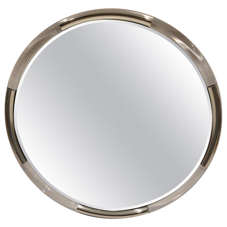 Very Large Chic Round Lucite and Chrome Bevelled Mirror at 1stDibs