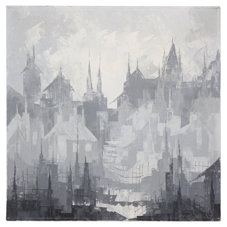 Gray Tonal Abstract Expressionist Oil on Canvas Cityscape by Louis M ...