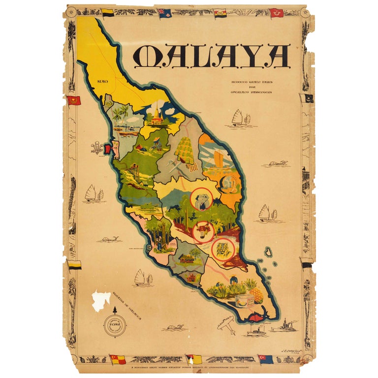 Original Vintage Map Poster Malaya Federated Malay States Railways Asia ...