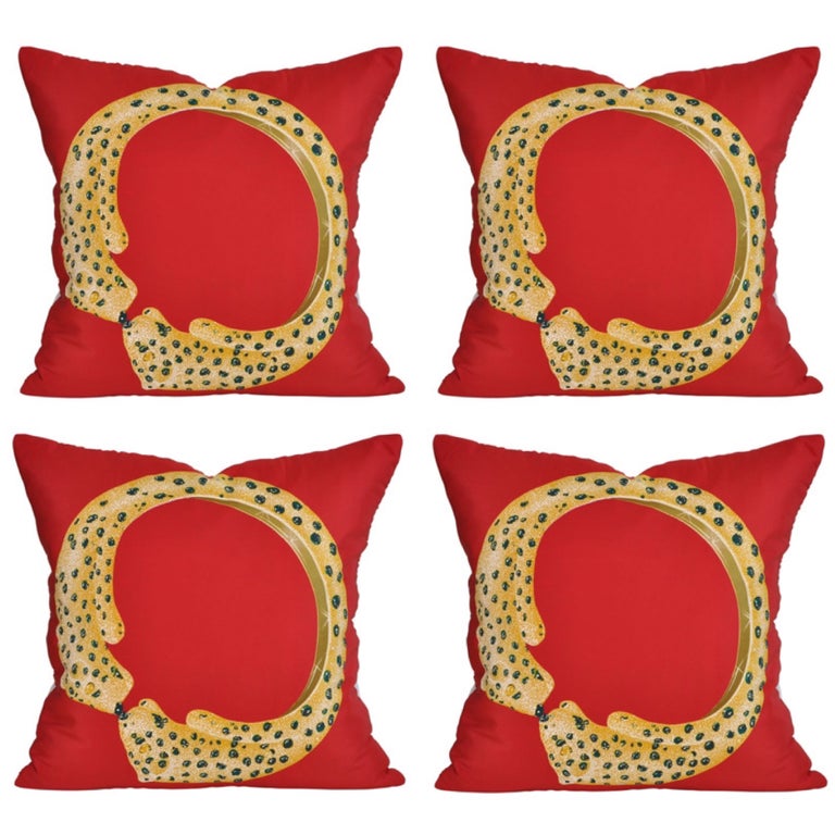 Set of Rare Vintage Cartier Panther Bracelet Silk Scarf Pillows in Red ...