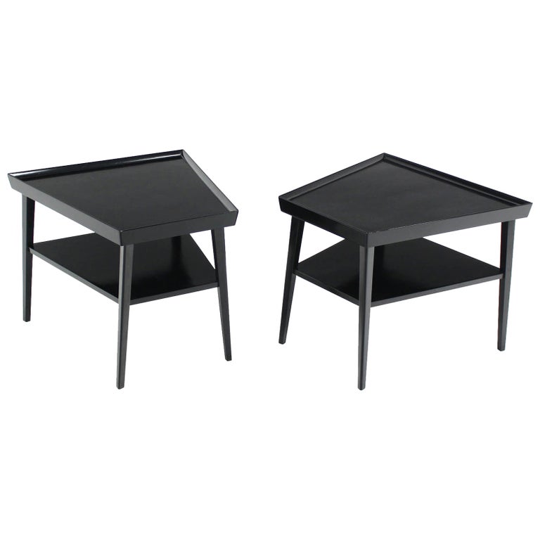 Pair of Black Lacquer Trapezoid Shape Two Tier End Side Tables Stands ...