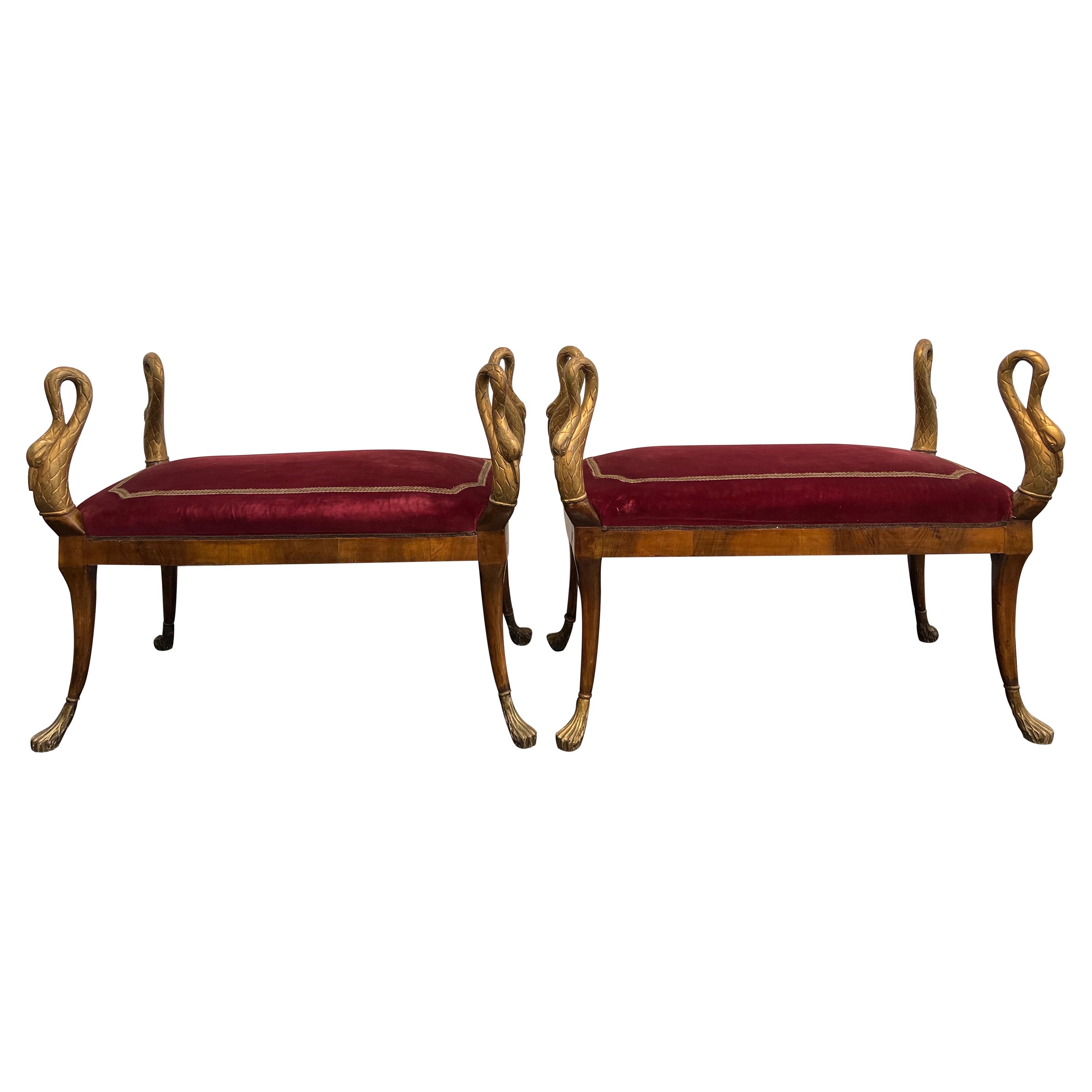 French 1860s Empire Style Walnut Bench with Out-Scrolled Sides and Swan ...