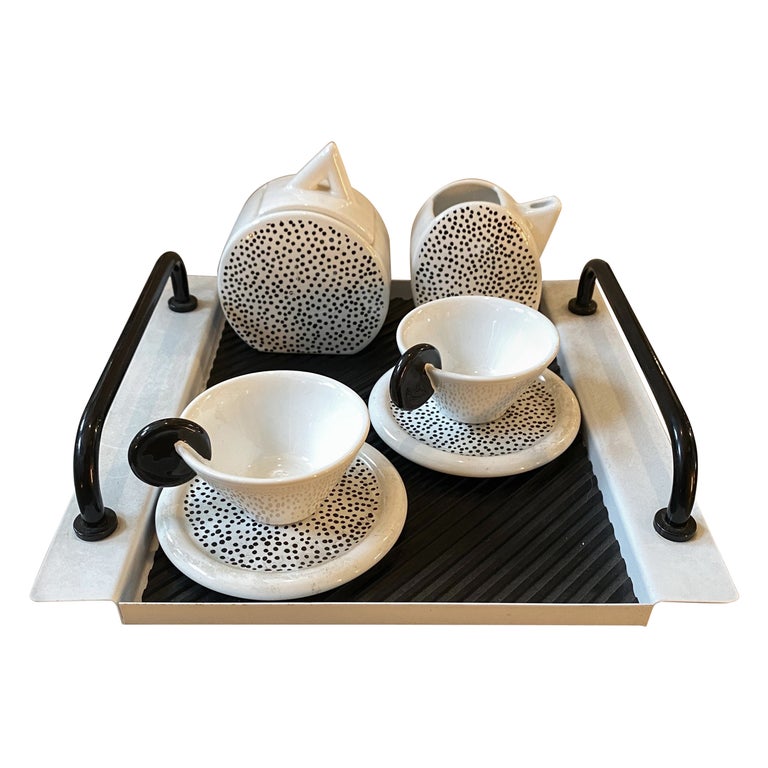 1980s Memphis Style Black and White Metal Tray and Ceramic Tea Set by ...