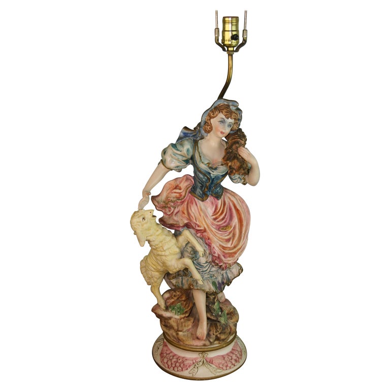 Italian Hand Painted Pheasant Woman and Lamb Lamp For Sale at 1stDibs