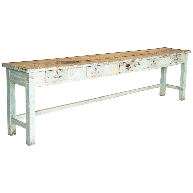 Long Original Antique Blue Painted Narrow Worktable Console Table at ...