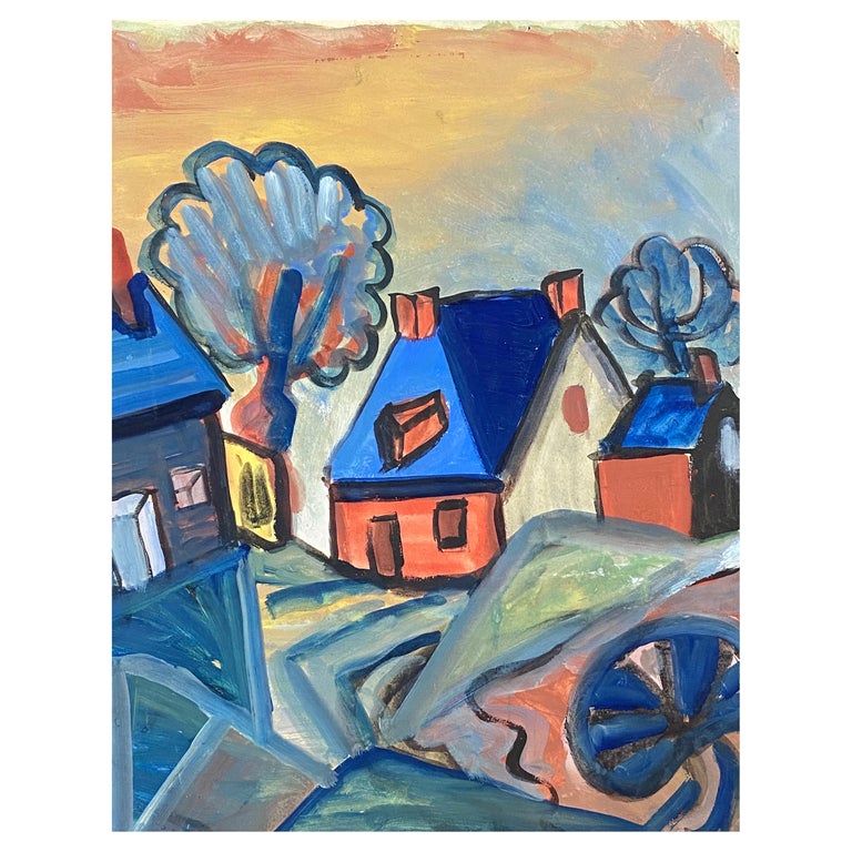 Vintage French Abstract Of Town, Vibrant French Town For Sale at 1stDibs