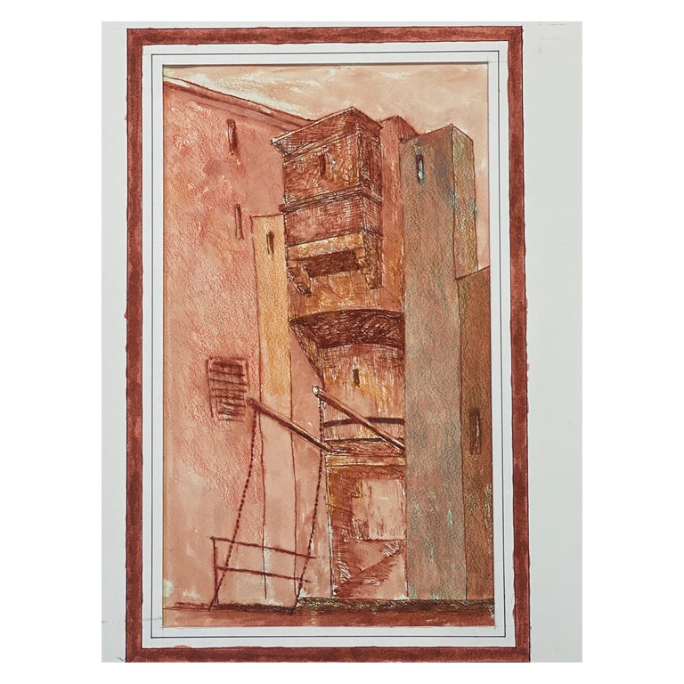 1950's Modernist Painting, Red French Tall Building For Sale at 1stDibs