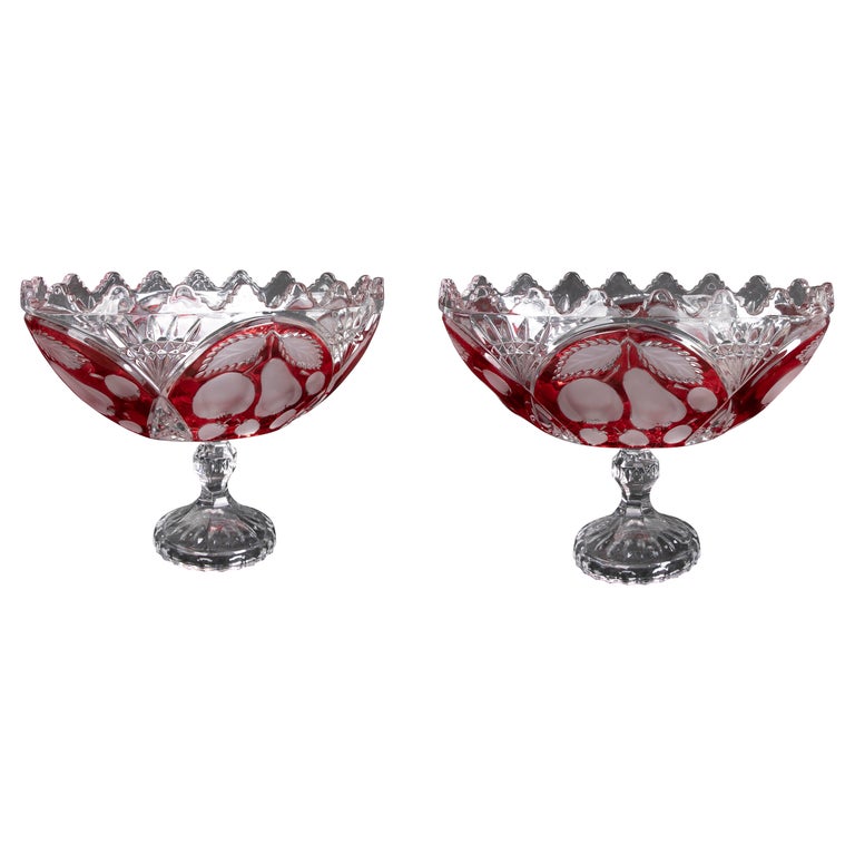 Hand-Carved Pair of Oval Crystal Vases with Red Decoration For Sale at ...