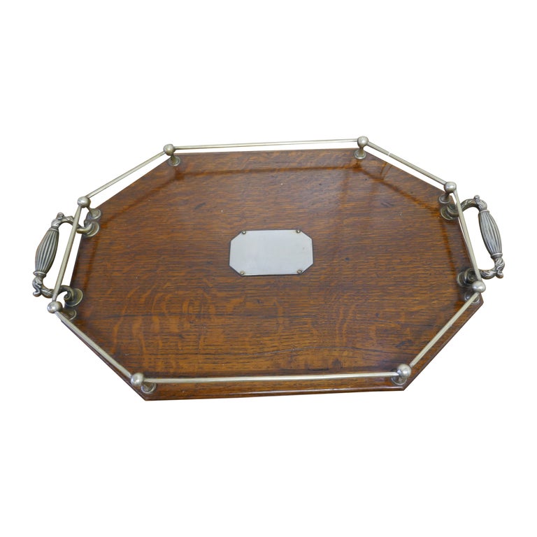 Octagonal Oak and Silver Plated Drinks Tray For Sale at 1stDibs