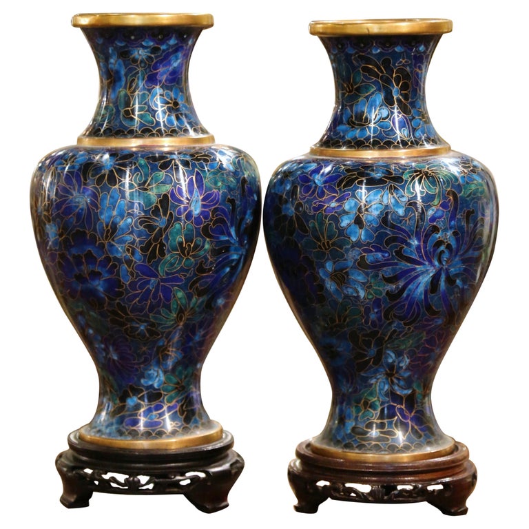 Pair of Vintage Chinese Champlevé Enamel Vases on Stand with Floral ...