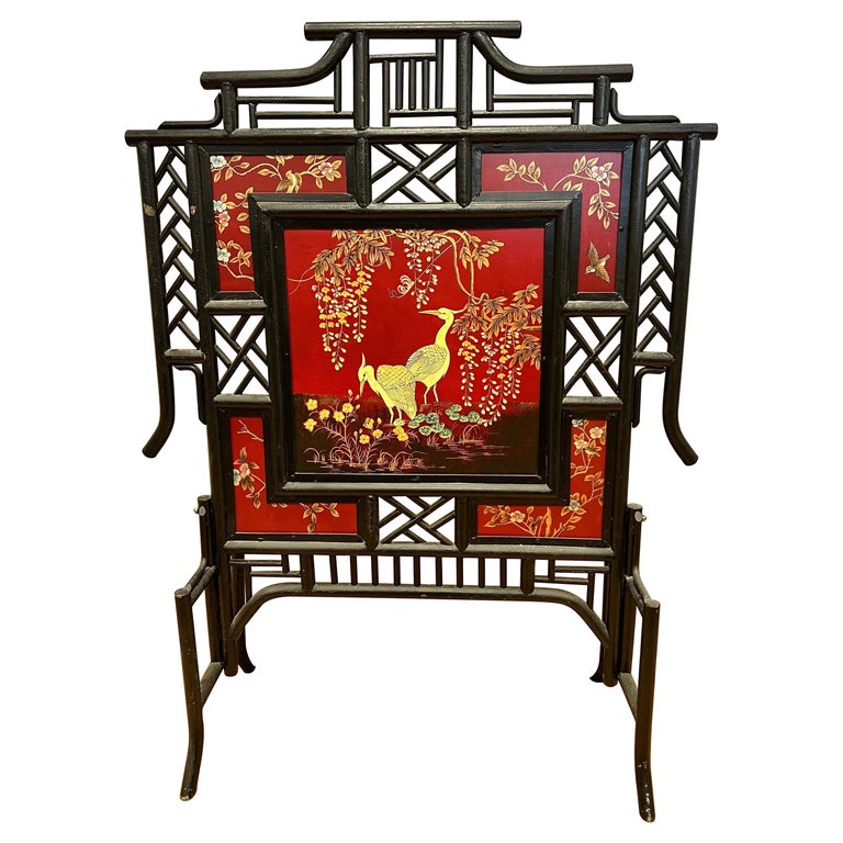 Red Chinoiserie Bamboo Handpainted Fireplace Screen at 1stDibs