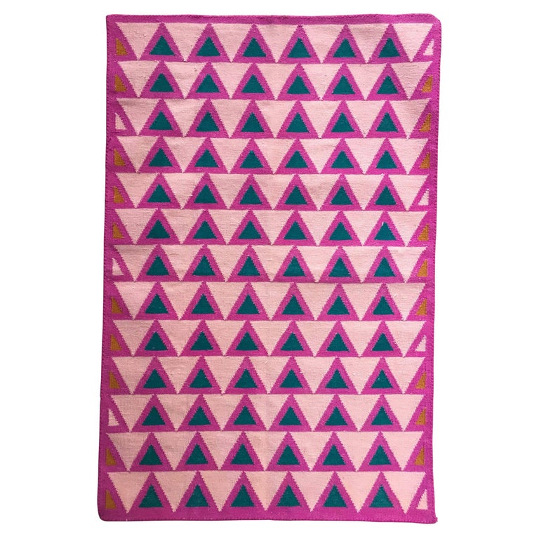 Geometric Maya Candy Pink Handwoven Modern Cotton Rug, Carpet and ...