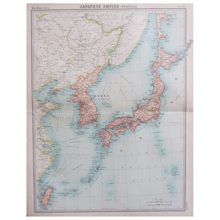 Large Original Vintage Map of Japan, circa 1920 For Sale at 1stDibs
