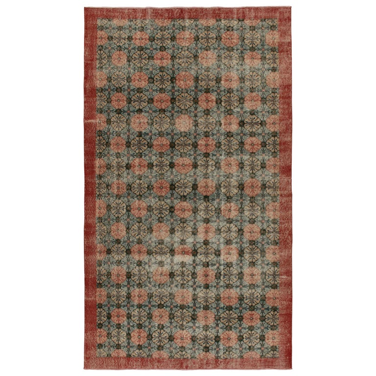 1960s Vintage Distressed Rug in Red, Beige Floral Patterns by Rug and ...