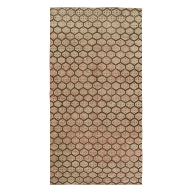 1960s Distressed Vintage Rug in Beige and Brown Geometric Pattern by ...