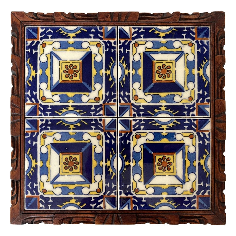 1950's Mexican Tile Trivet With Hand Carved Wood Frame Base For Sale at ...