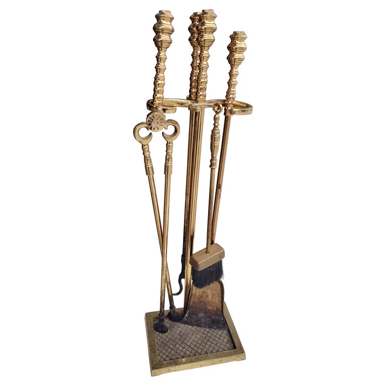 Mid Century Regency Styled Brass Fireplace Tools with Holder For Sale ...