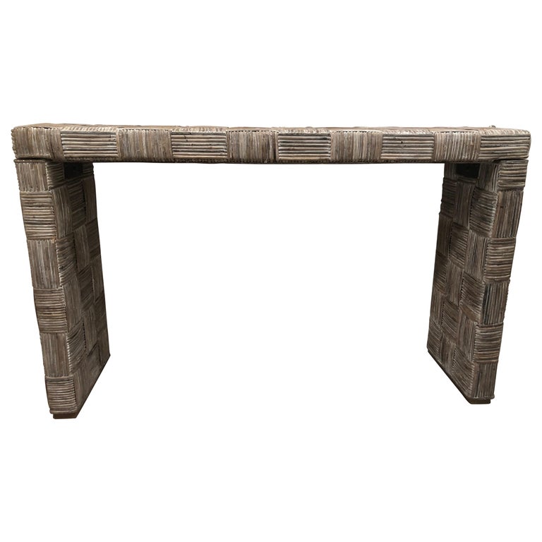 Whitewashed Woven Rattan Console Table For Sale at 1stDibs