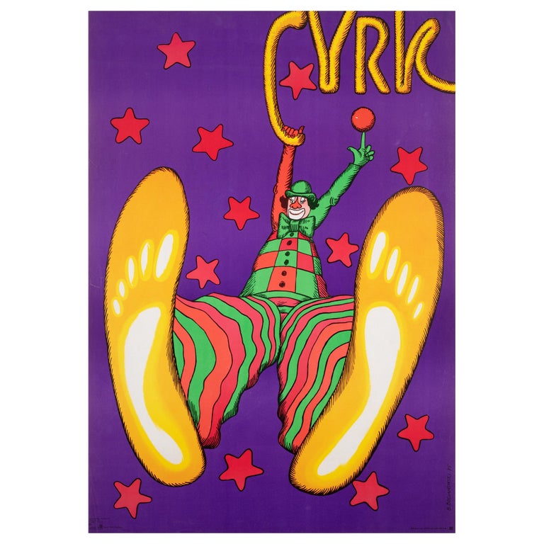 Polish, Cyrk, Circus Poster, R1979, Vintage, Cyrk Clown Swinging, Bocianowski For Sale at 1stDibs