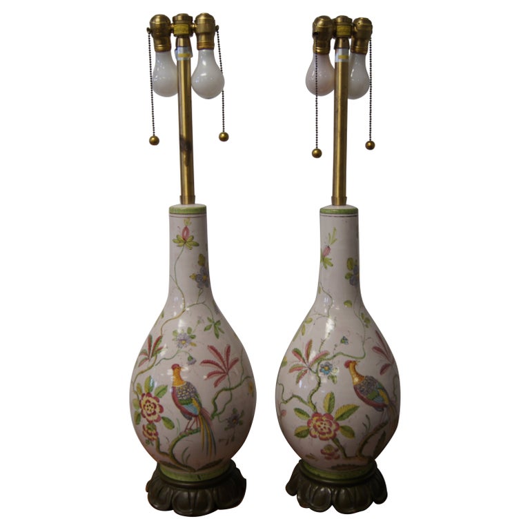 Pair of Decorative Table Lamps by Marbro with Pheasant and Flora For ...