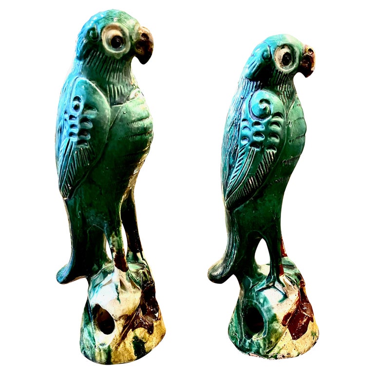 Pair Chinese Export Green Parrots For Sale at 1stDibs