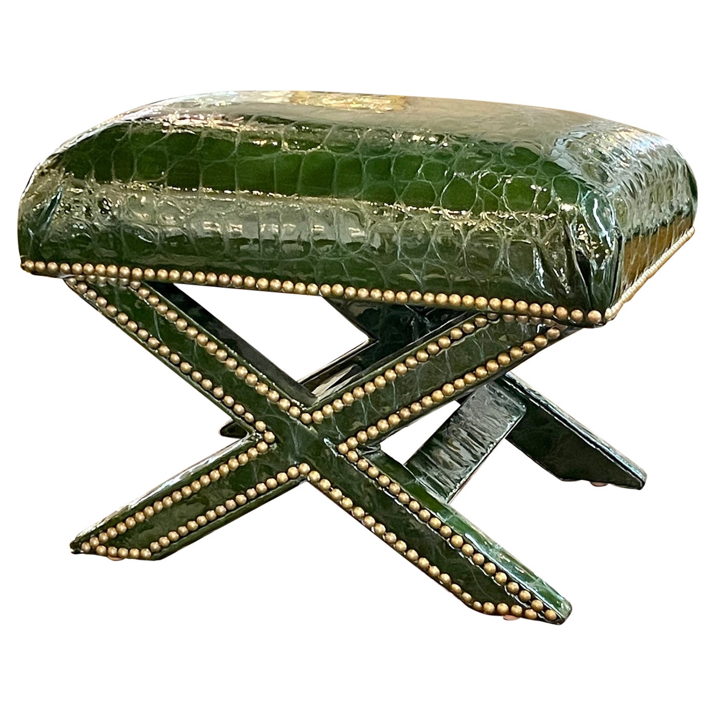 French Art Deco Iron Bench with Faux Alligator Blue Leather Upholstery ...