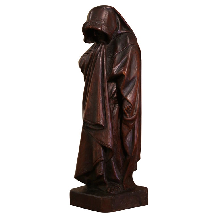 19th Century French Hand Carved Oak Monk Statue in Prayer at 1stDibs