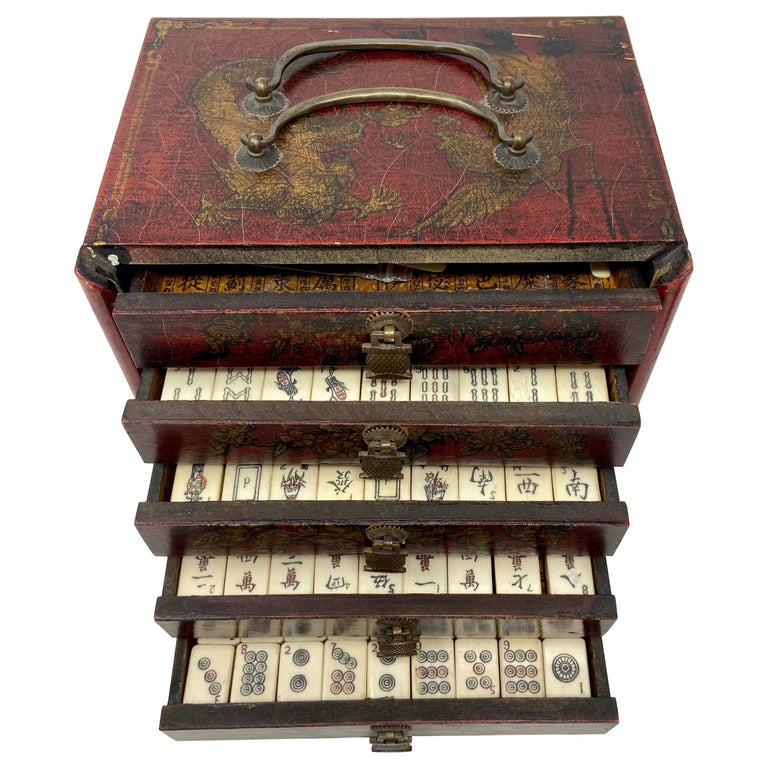 Antique Chinese Red and Gold Painted Mahjong Games Box Set, circa 1920 ...