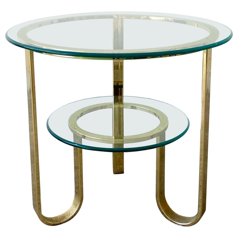 Mid Century Modern Two Tier Gold Glass Top Side Table For Sale at 1stDibs