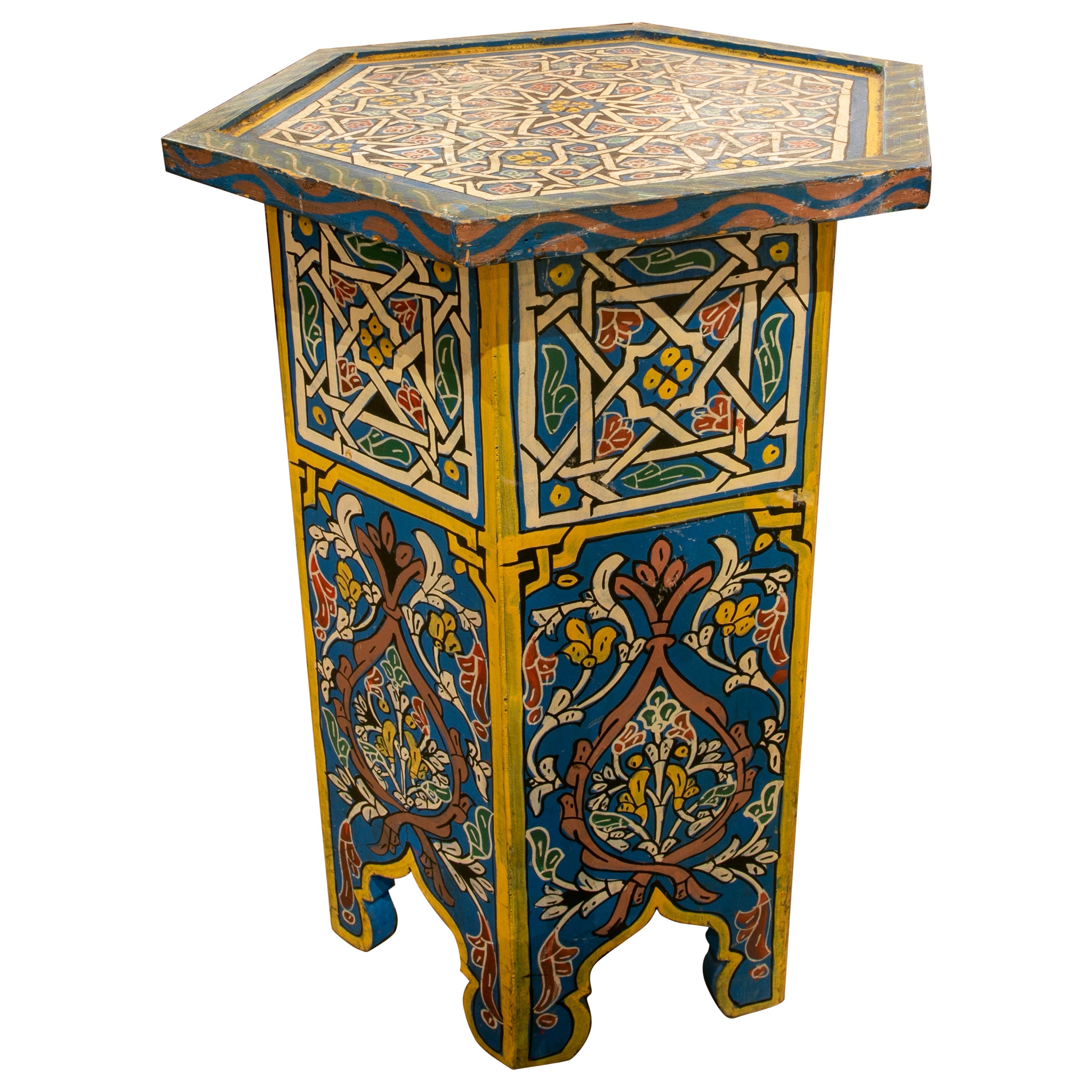 Moroccan Side Table Hand-Painted in Ivory and Blue Colors at 1stDibs