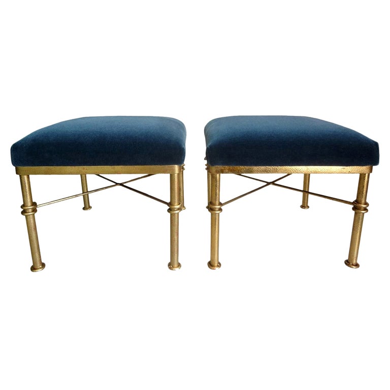 Pair of Midcentury Gilt Iron Ottomans For Sale at 1stDibs
