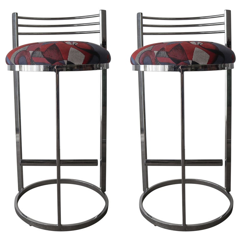 Pair of Chrome Post Modern Bar Stools For Sale at 1stDibs