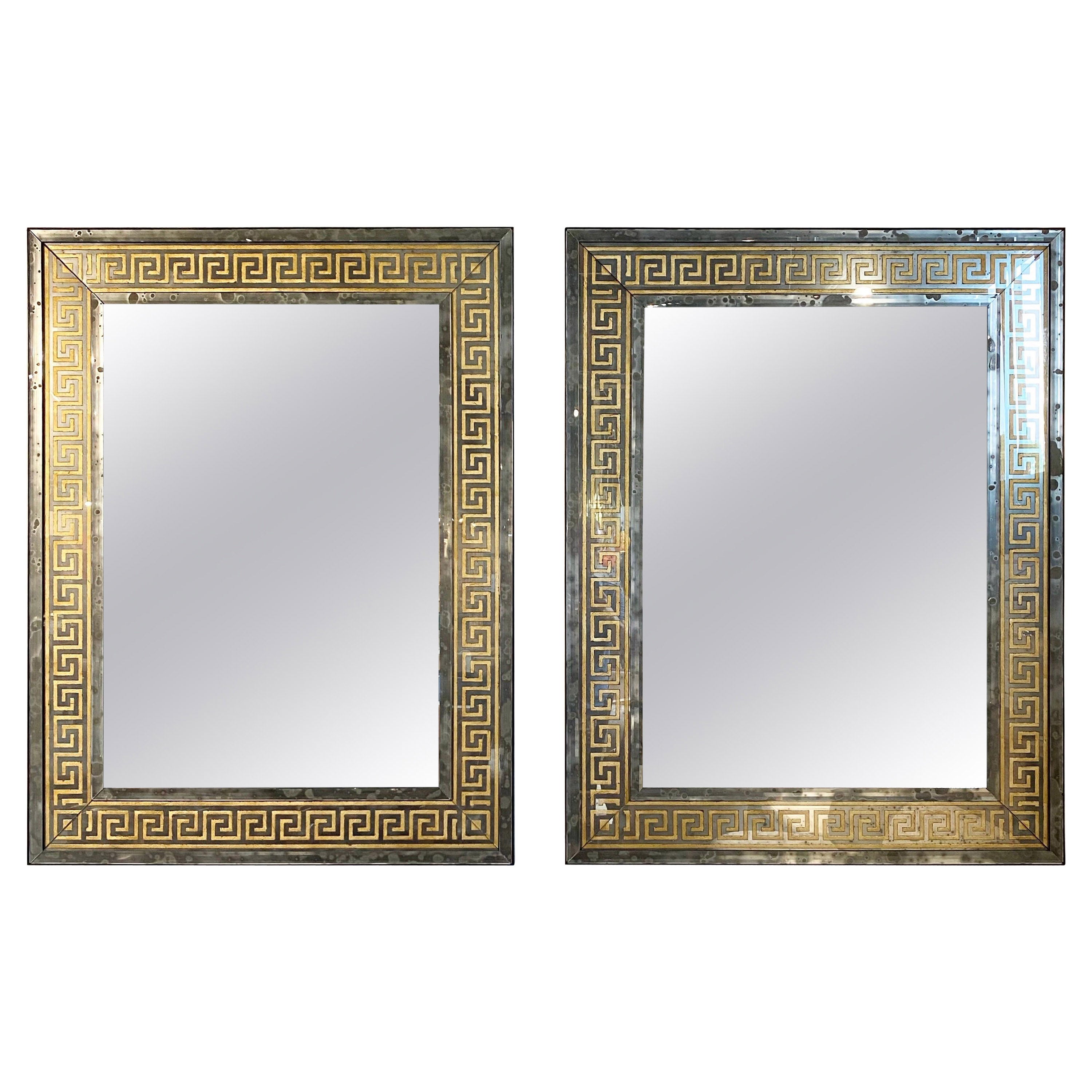 Pair of Black Lacquer Asian Greek Key Panel Mirrors For Sale at 1stDibs