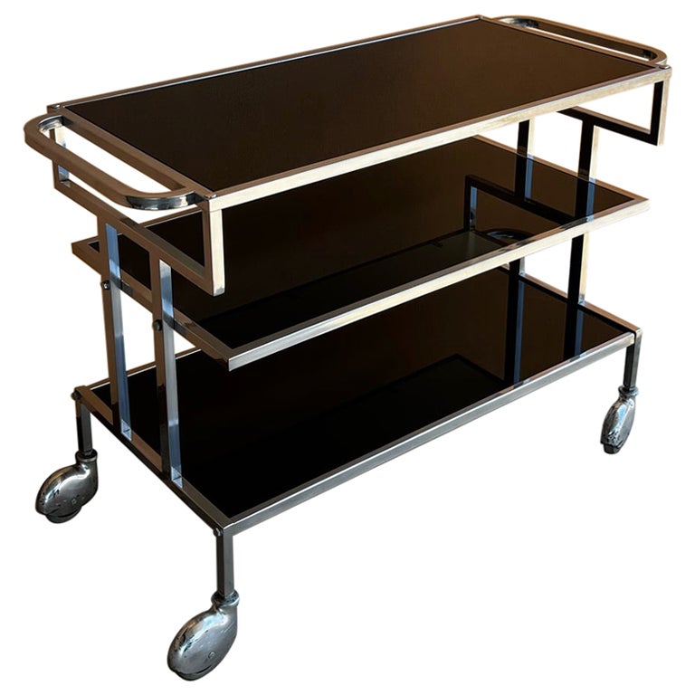 1970s Black Glasses Shelves and Chromed Steel Structure Wheeled Tray at ...
