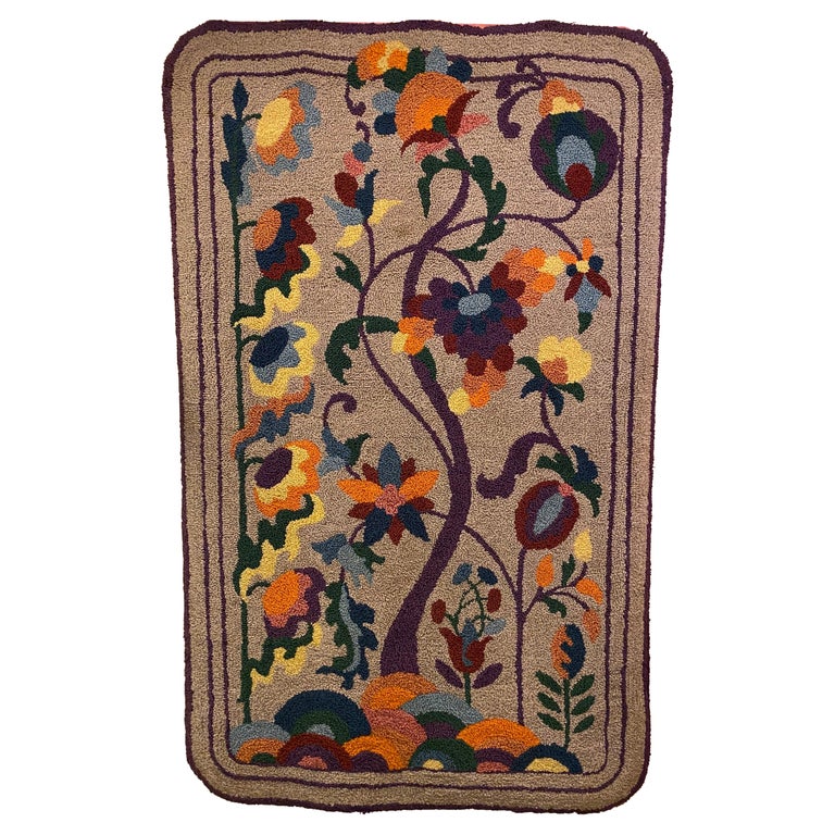 Floral Hook Rug in Shades of Purple and Orange For Sale at 1stDibs