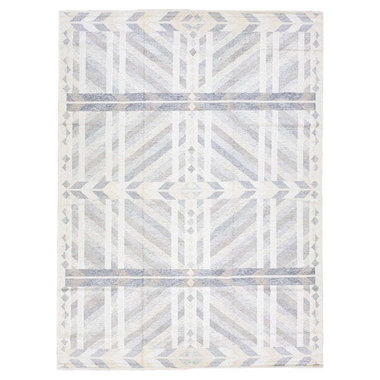 Modern Swedish Style Handmade Geometric Abstract Gray Wool Rug For Sale ...