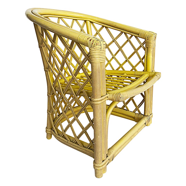 Vintage Ficks Reed Woven Rattan Armchair in Yellow For Sale at 1stDibs