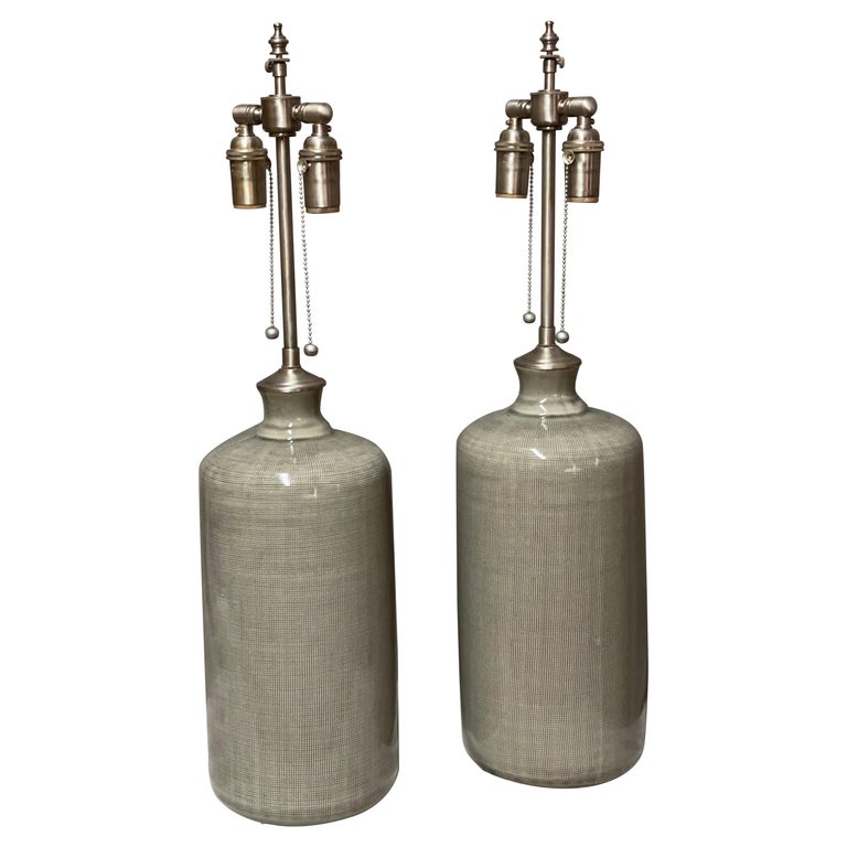 Pair of Glazed Textured Ceramic Vessels with Lamp Application For Sale ...