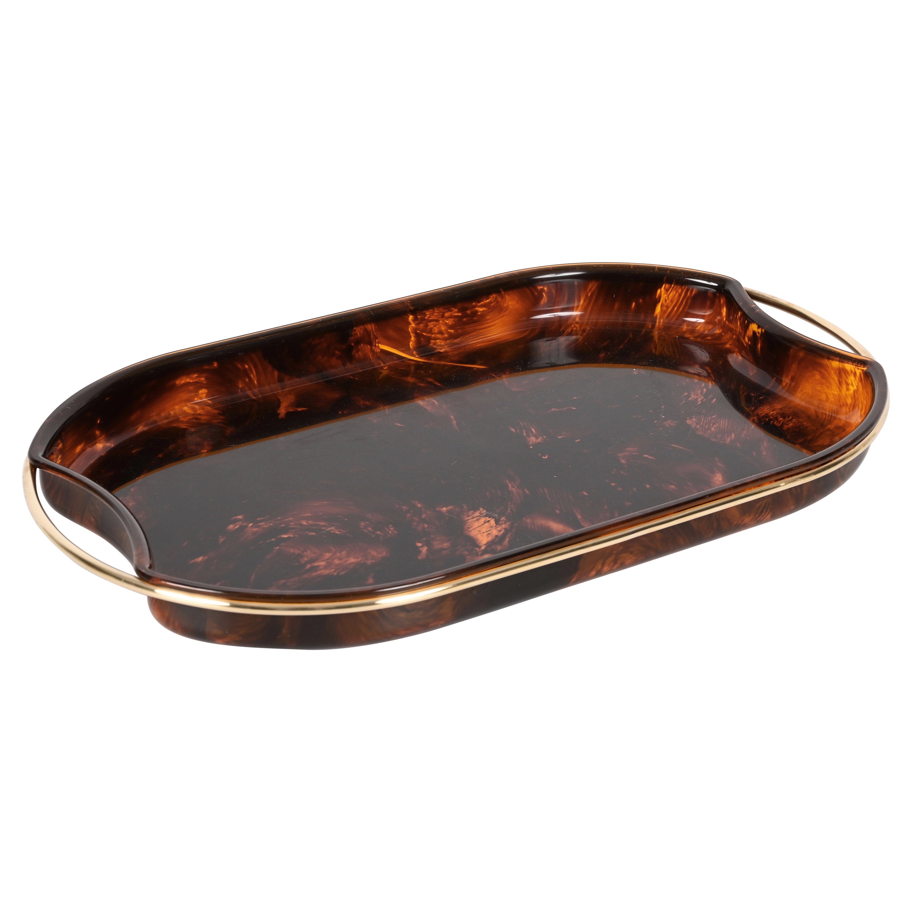 Guzzini Midcentury Turteshell, Lucite and Brass Italian Serving Tray ...
