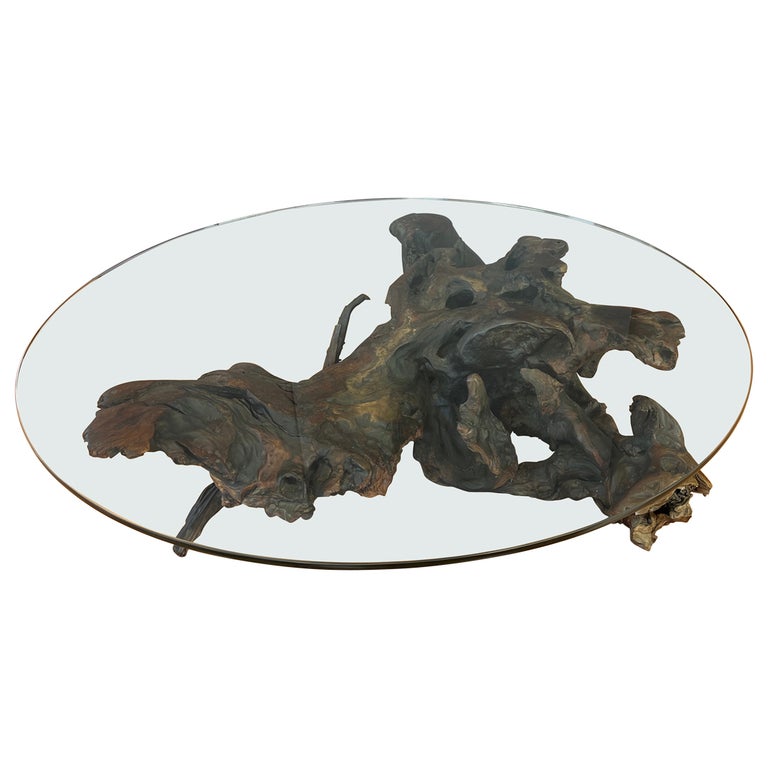 Monumental 1970s Natural Freeform Wood Round Glass Top Coffee Table For ...