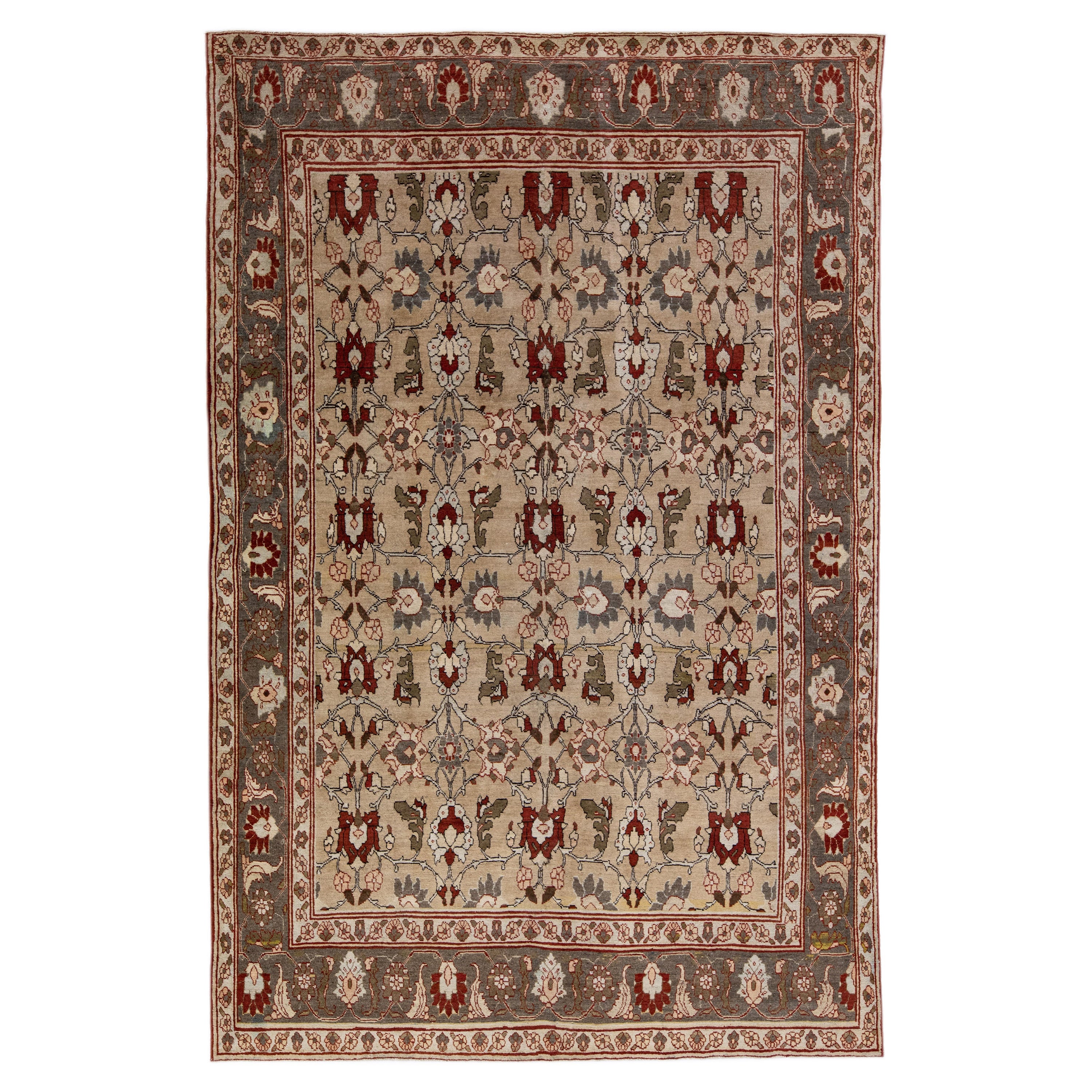 Tan Antique Tabriz Handmade Allover Floral Wool Rug For Sale at 1stDibs