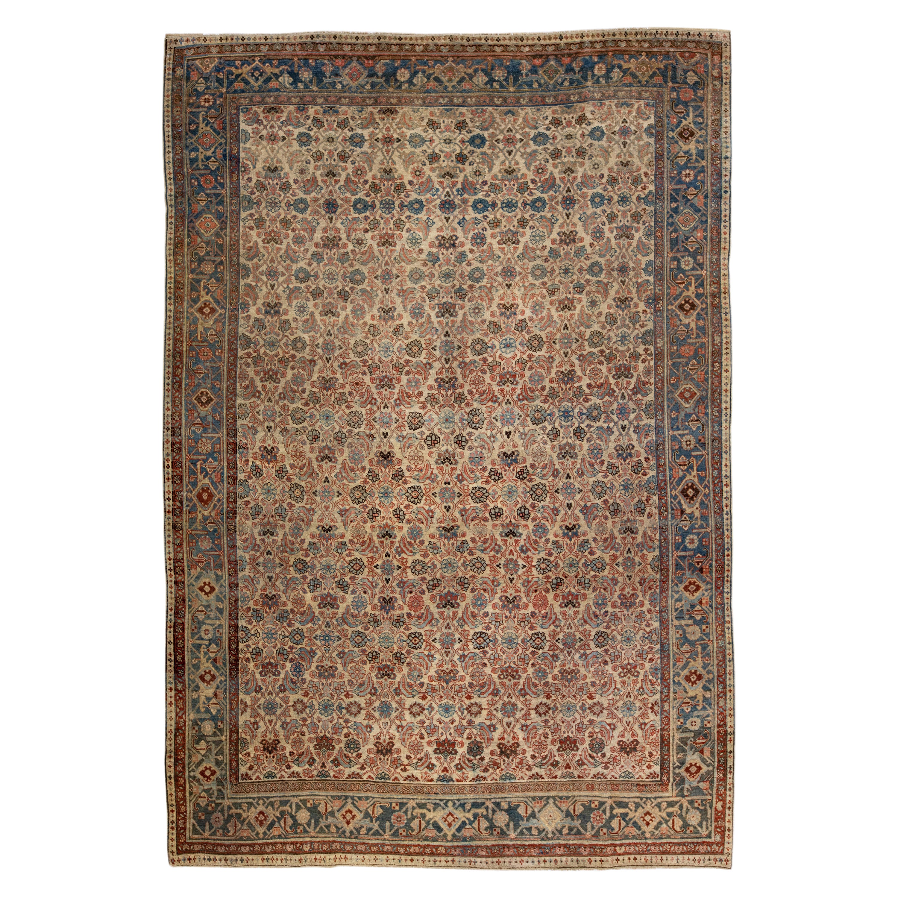 Tan Antique Tabriz Handmade Allover Floral Wool Rug For Sale at 1stDibs