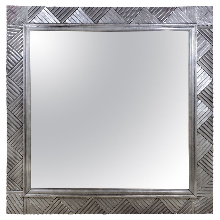 Large Square, Carved Silvered Wood Mirror For Sale at 1stDibs