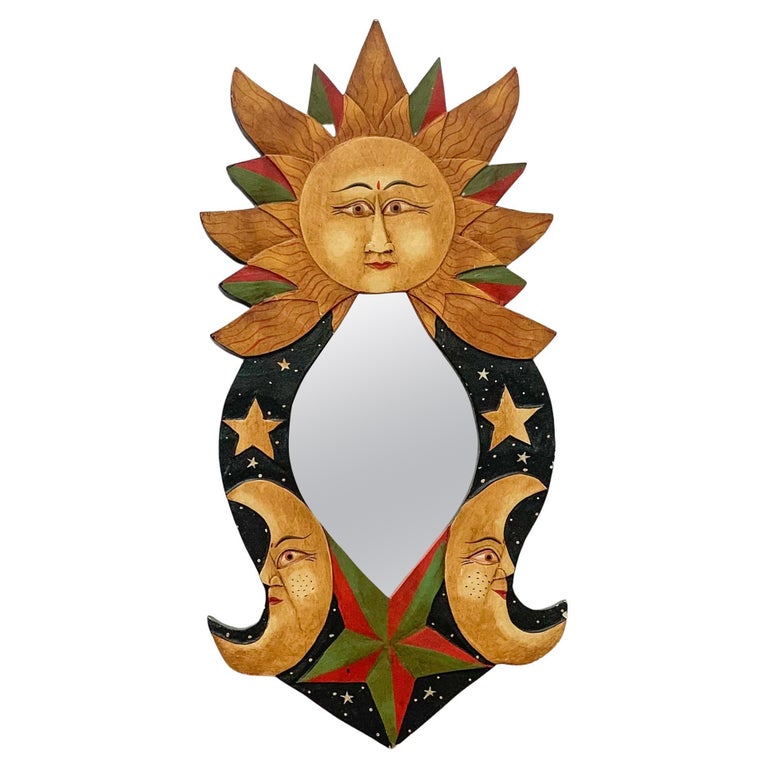Vintage Sun, Moon and Star Mirror with Painted Frame, Indonesian ...