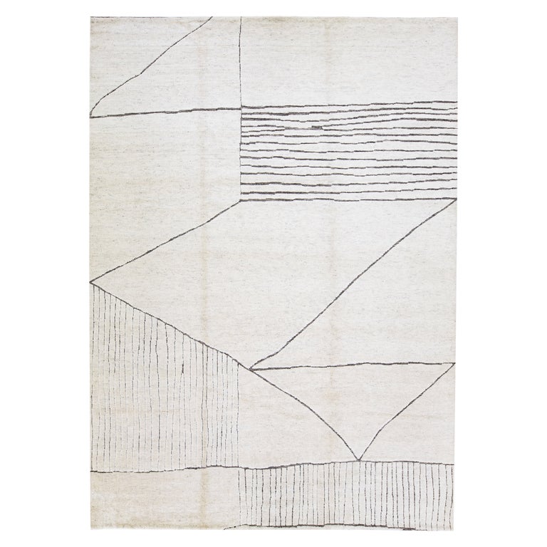 Modern Moroccan Style Ivory Handmade Wool Rug with Geometric Abstract ...