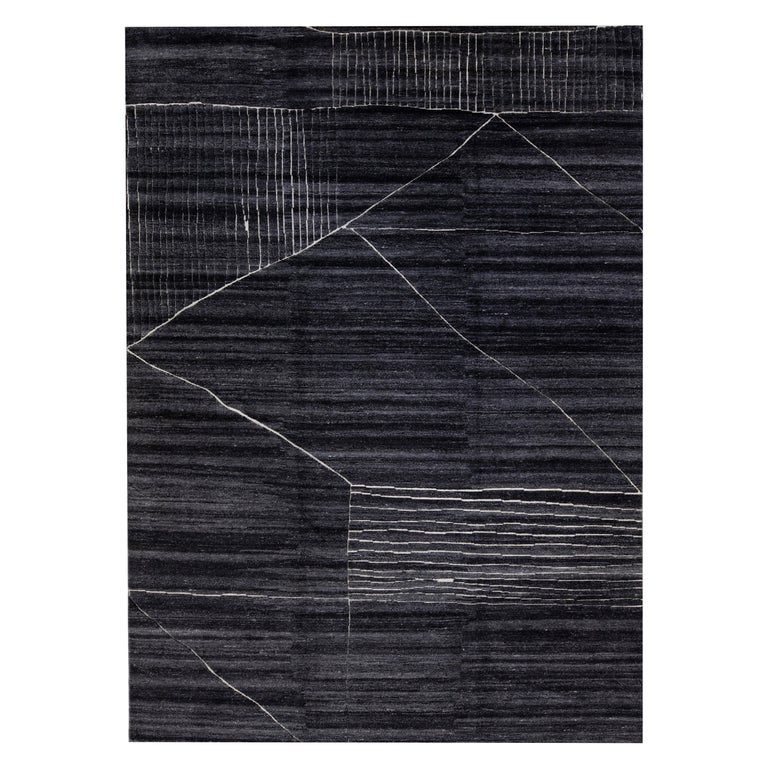 Modern Moroccan Style Handmade Charcoal Wool Rug With Geometric ...