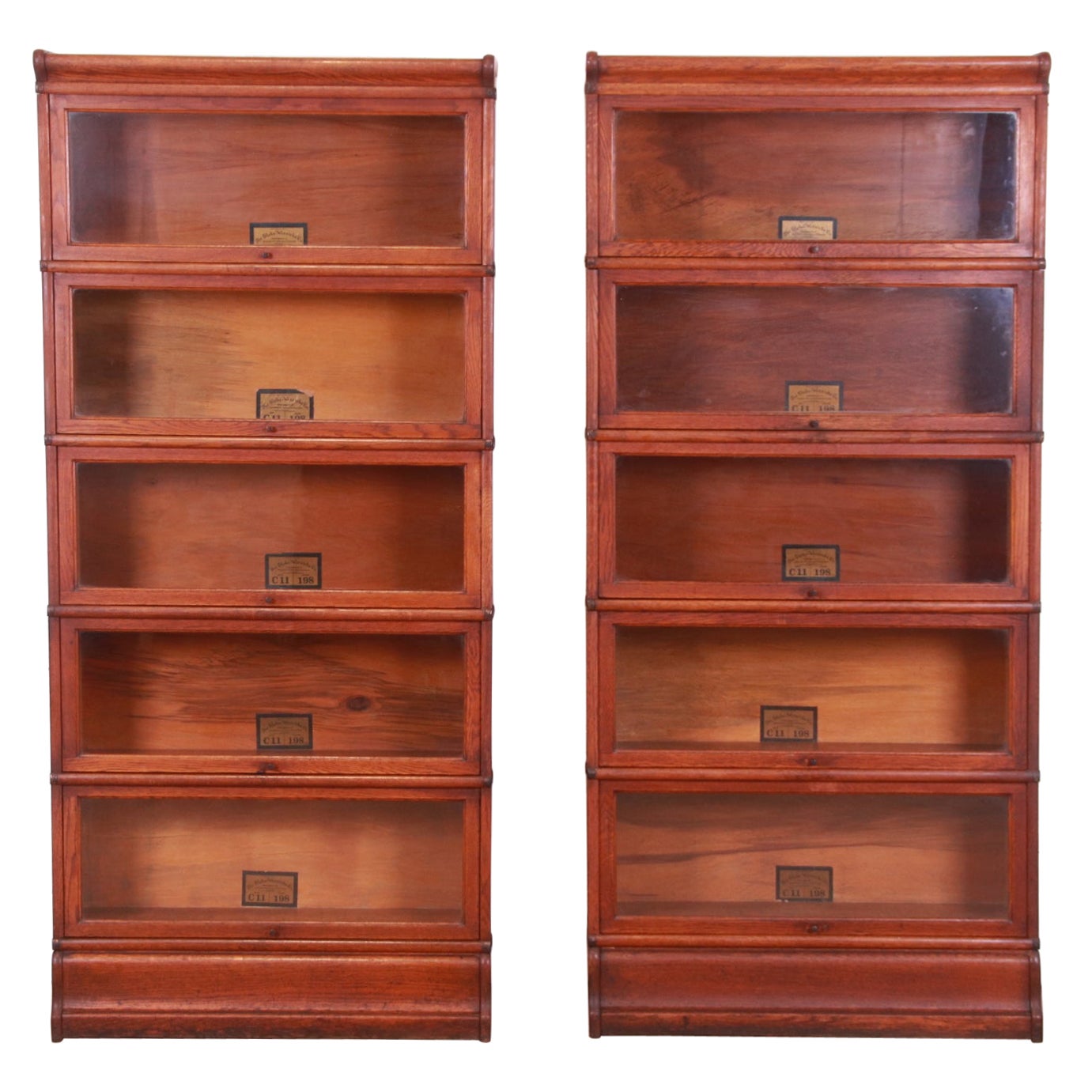 Globe-Wernicke Oak Four-Stack Barrister Bookcase with Leaded Glass Doors, 1920s at 1stDibs